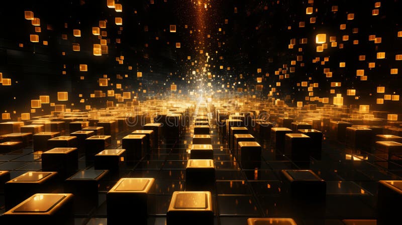 Golden Cubes in a Dark Room with Light Coming from Them Stock ...