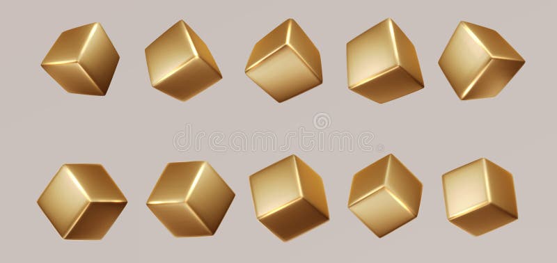 Golden Cubes Realistic 3D. Blocks of Yellow Metal from Different ...
