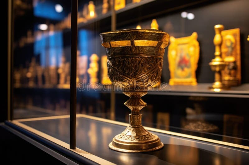 Golden Cup on a Glass Shelf in a Museum Display Stock Photo - Image of ...