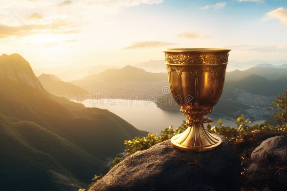 Golden Cup on a Mountain Peak, Representing Overcoming Challenges Stock ...