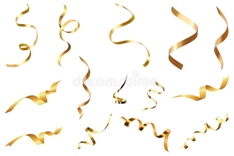 Golden Curling Ribbons in Various Shapes and Orientations on a White ...
