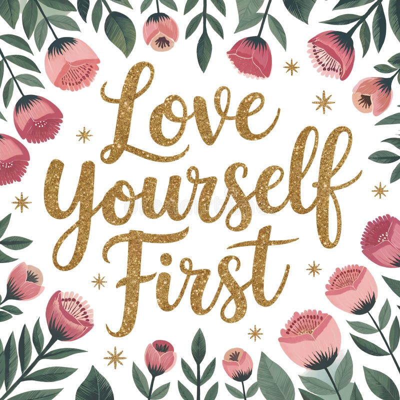 Golden Cursive Lettering Spells Out Love Yourself First Stock ...