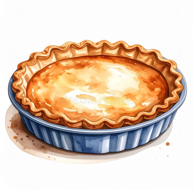 Golden Custard Pie in Blue Tin on White Background Stock Illustration ...