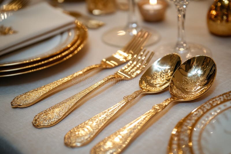 Elegant Golden Cutlery Arranged Fine Dining Table Luxurious Restaurant ...
