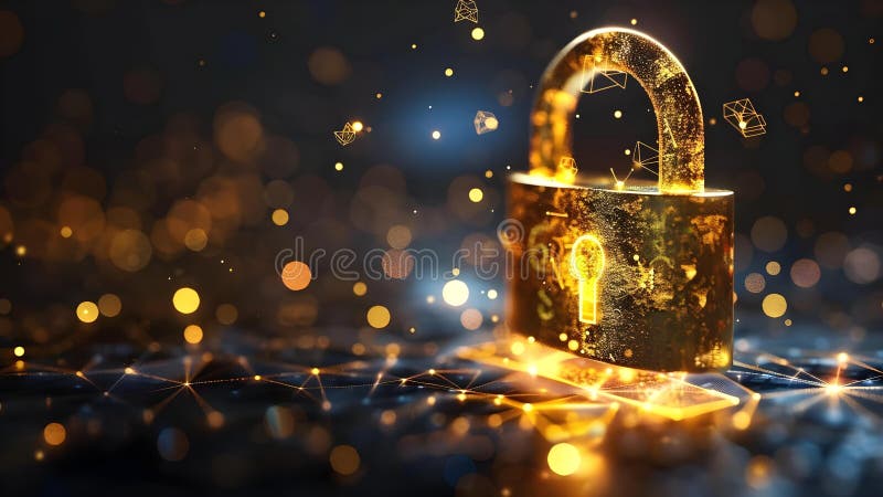 Golden Cybersecurity Lock Amidst Digital Sparkle. Concept Cybersecurity ...