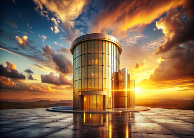 Golden Cylinder Skyscraper Ascends Against a Dramatic Vast Landscape a ...