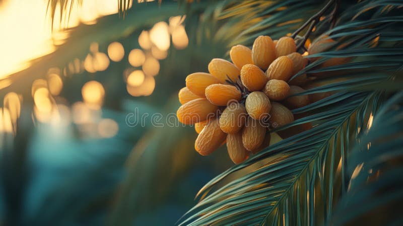 Golden Dates Hanging from Palm Tree Branch at Sunset Stock Illustration ...