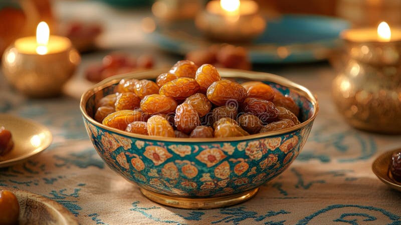 Golden Dates in an Ornate Bowl with Candlelight Stock Illustration ...
