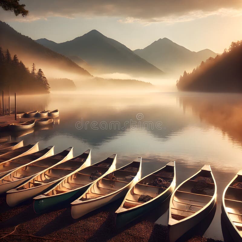 Golden Dawn: Canoes on the Serene Lake Stock Illustration ...