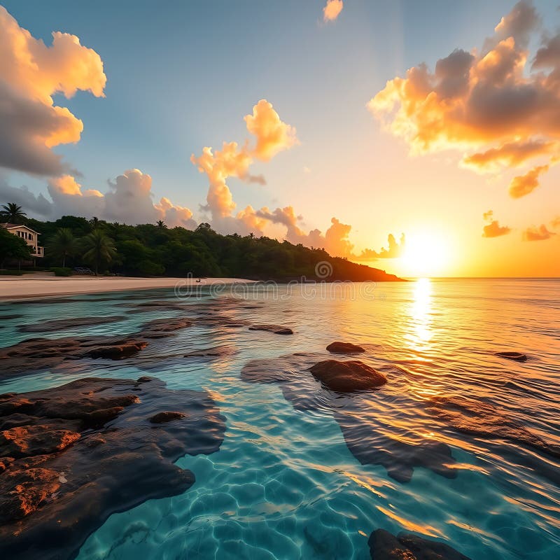 Golden Dawn Over Caribbean Beach Stock Illustration - Illustration of ...