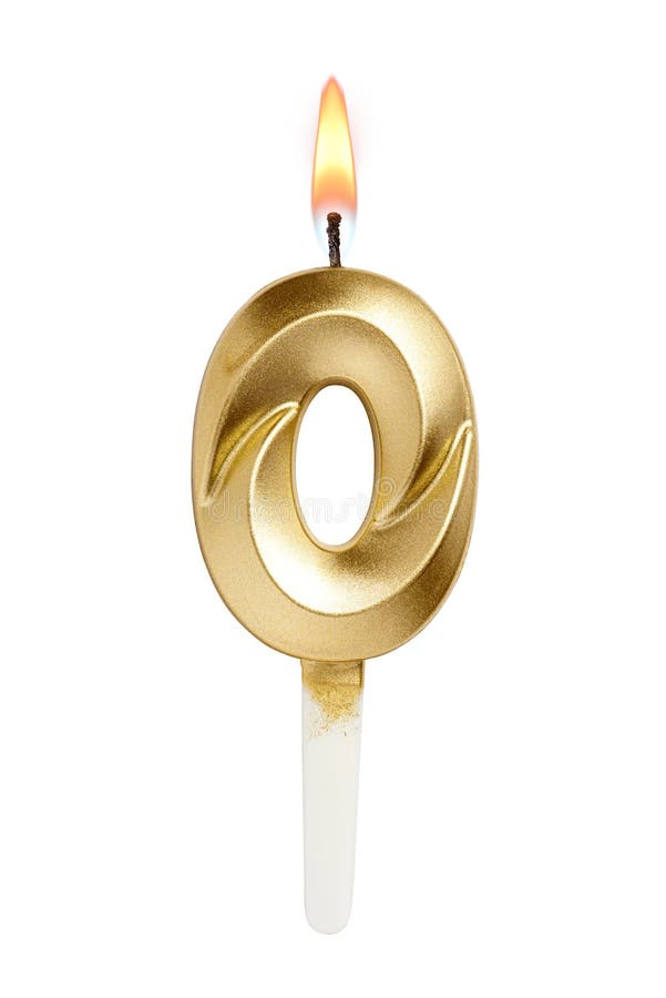 Golden Decorated Burning Birthday Candle Digit Zero Shaped Isolated on ...