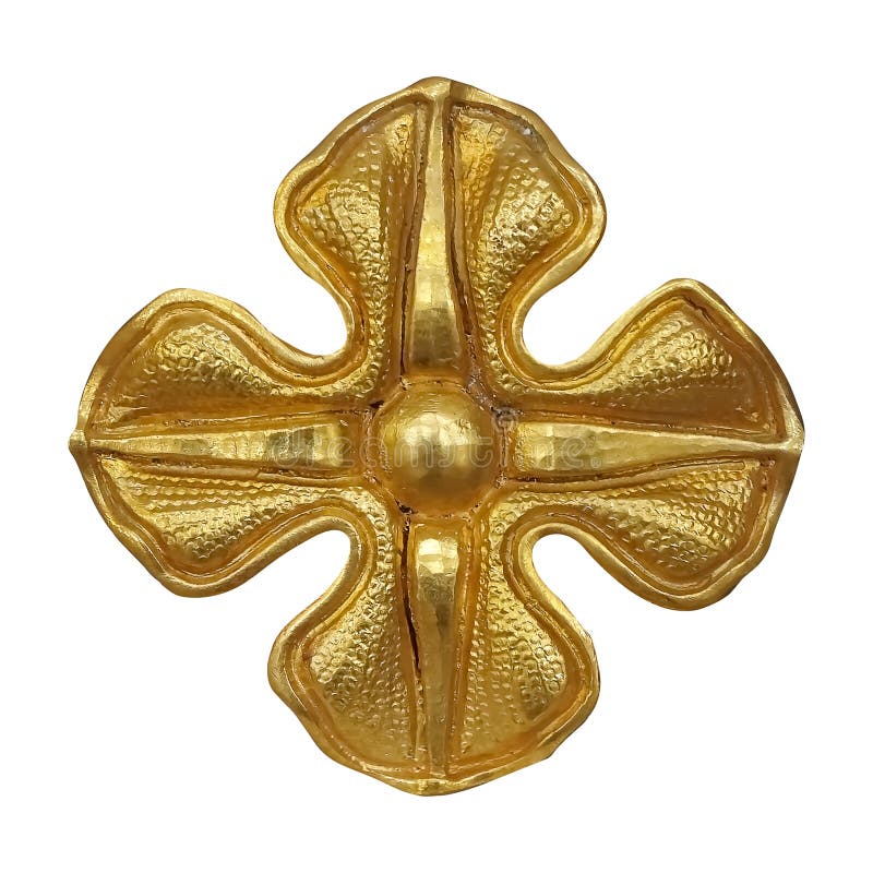 Golden Decorative Cross Element with Floral Pattern Isolated on White ...