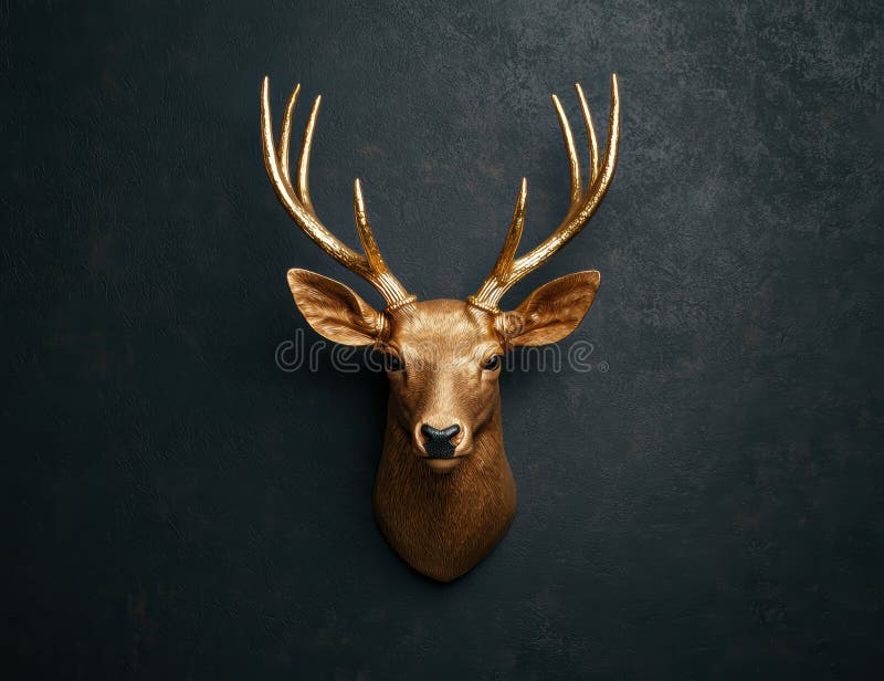 Golden Deer Head Mounted on Dark Wall Stock Illustration - Illustration ...