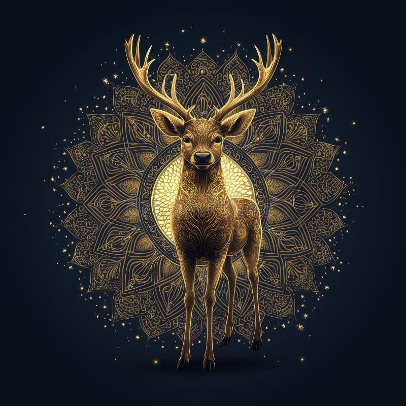 Golden Pixel Deer with Ornate Mandala on Dark Background Stock ...