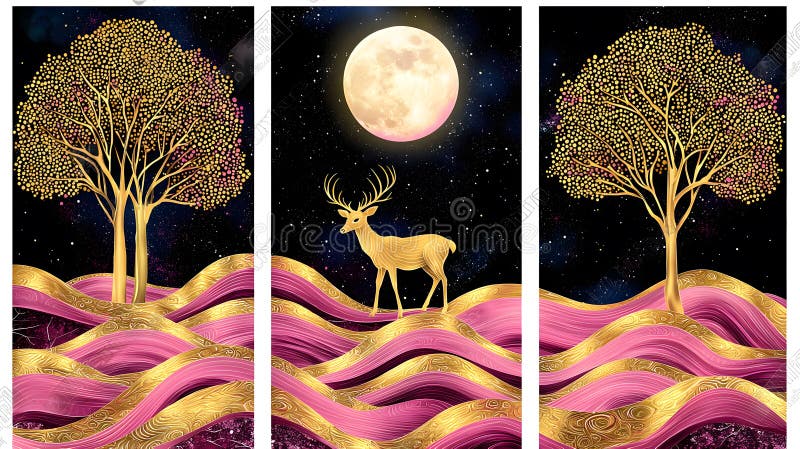Golden Deer Under a Full Moon and Colorful Trees Stock Illustration ...