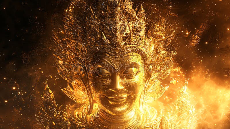 Golden Deity Statue Engulfed in Flames, Radiating Light Stock ...