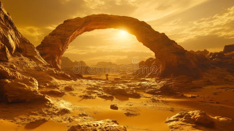 Golden Desert Arch at Sunset Stock Illustration - Illustration of heat ...