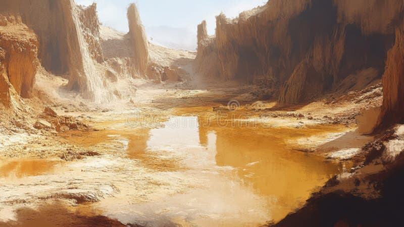 Golden Desert Canyon Landscape with Still Water Reflection Stock ...
