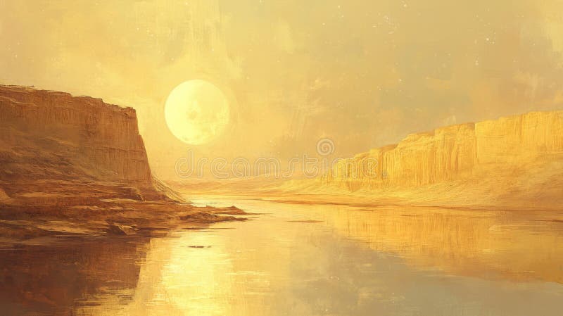 Golden Desert Canyon Sunset with River Reflection Stock Illustration ...