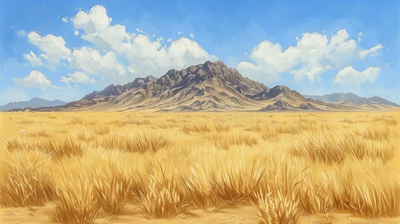 Golden Desert Field with Mountain Range Background Stock Illustration ...