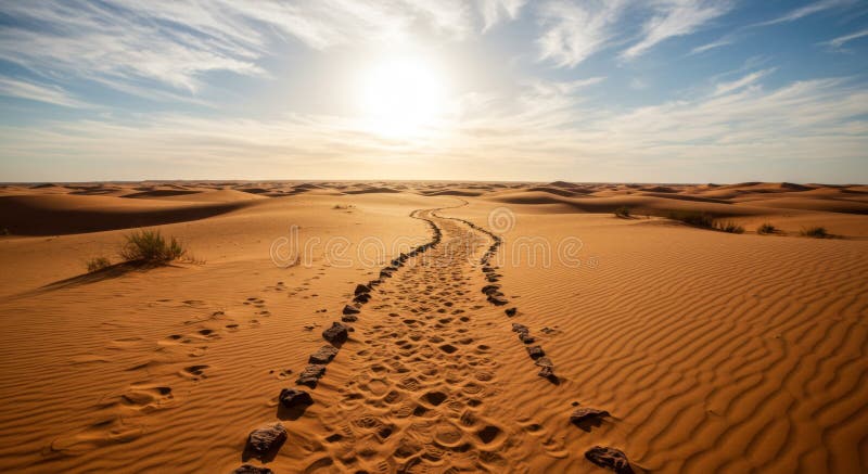 Golden Desert Landscape with Rock Path at Sunset Stock Illustration ...