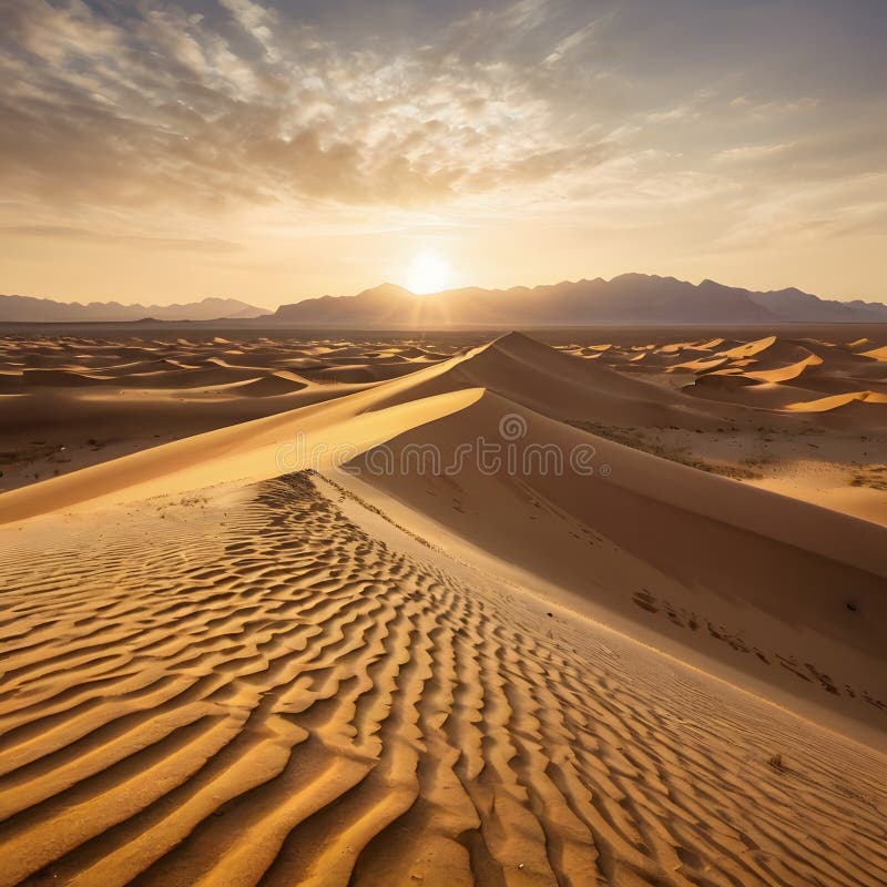 Golden Desert Landscape with Sand Dunes and Mountain Background Stock ...