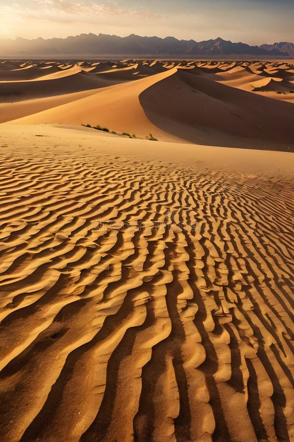 Golden Desert Landscape with Sand Dunes and Mountain Background Stock ...
