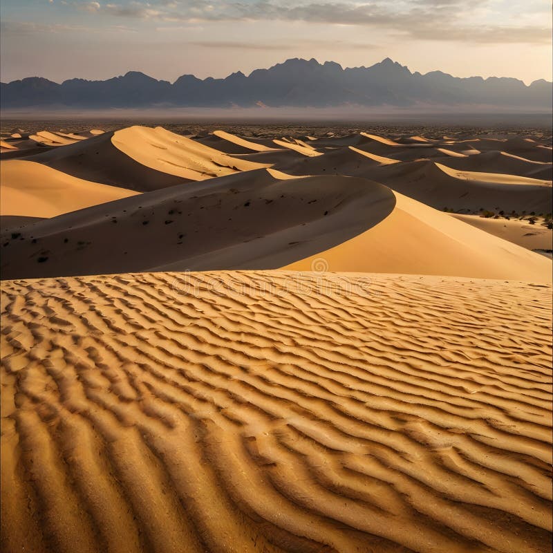 Golden Desert Landscape with Sand Dunes and Mountain Background Stock ...