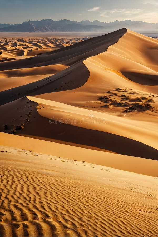 Golden Desert Landscape with Sand Dunes and Mountain Background Stock ...