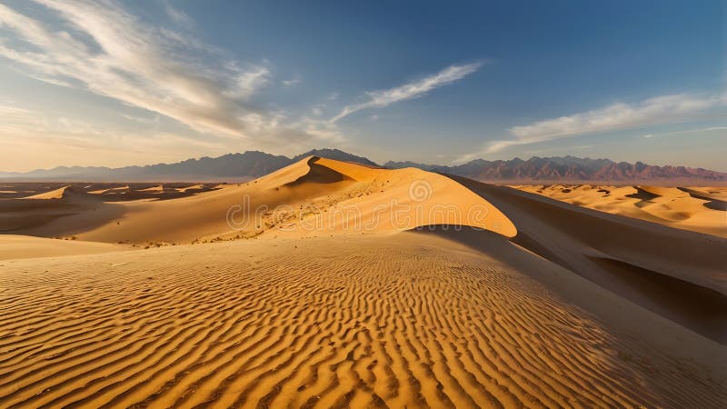 Golden Desert Landscape with Sand Dunes and Mountain Background Stock ...