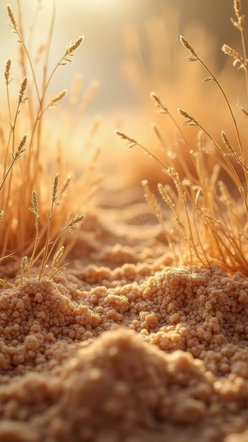 Golden Desert Landscape with Sunlit Sand and Wispy Grasses at Sunrise ...