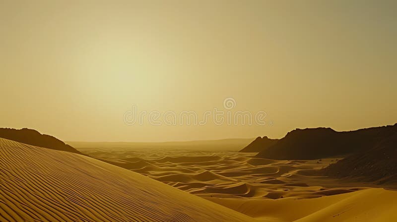 Golden Desert Landscape at Sunset, Dunes and Mountains Stock ...