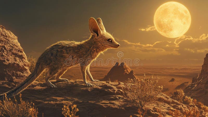 Golden Desert Mammal at Sunset Under a Full Moon Stock Illustration ...