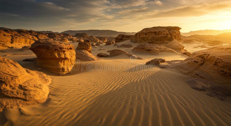 Golden Desert Sunset with Sand Dunes and Rock Formations Stock ...