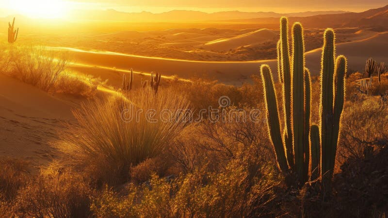 Golden Desert Sunset with Tall Cactus Stock Illustration - Illustration ...