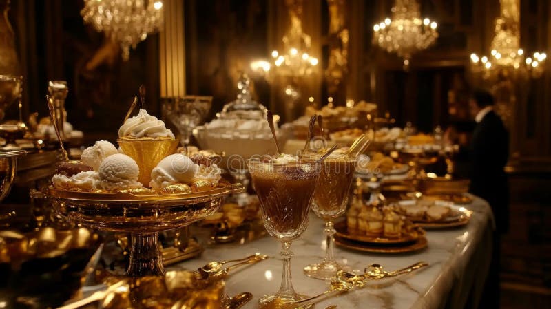 Golden Dessert Table in Luxurious Palace Setting Stock Illustration ...
