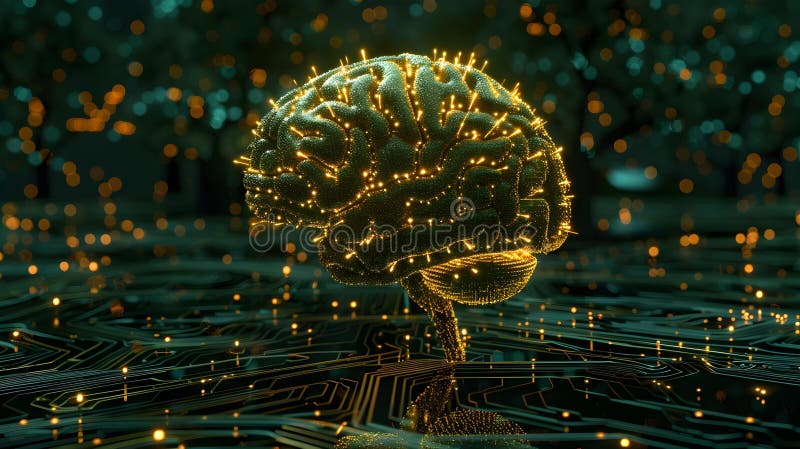 Golden Digital Brain on a Circuit Board Background with Glowing ... Golden Digital Brain on a Circuit Board Background with Glowing ...