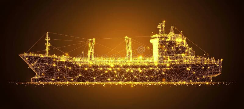 Golden Digital Cargo Ship on Technology Background, Abstract Icon of ...