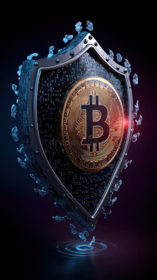 Golden Digital Coin Mounted on a Shield, Surrounded by Small Ice Cubes ...
