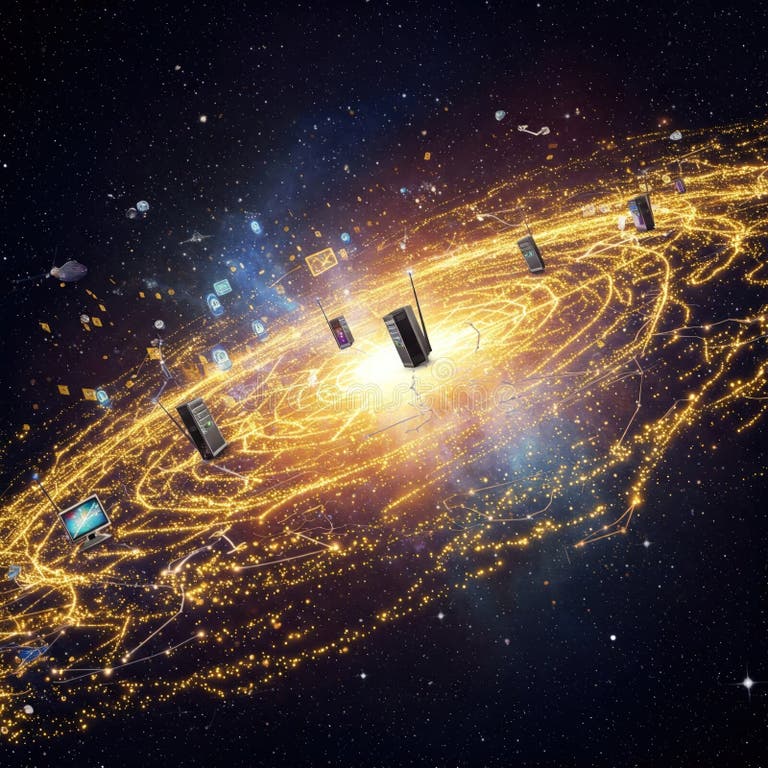 A Golden Digital Galaxy with Connected Devices. Stock Photo - Image of ...