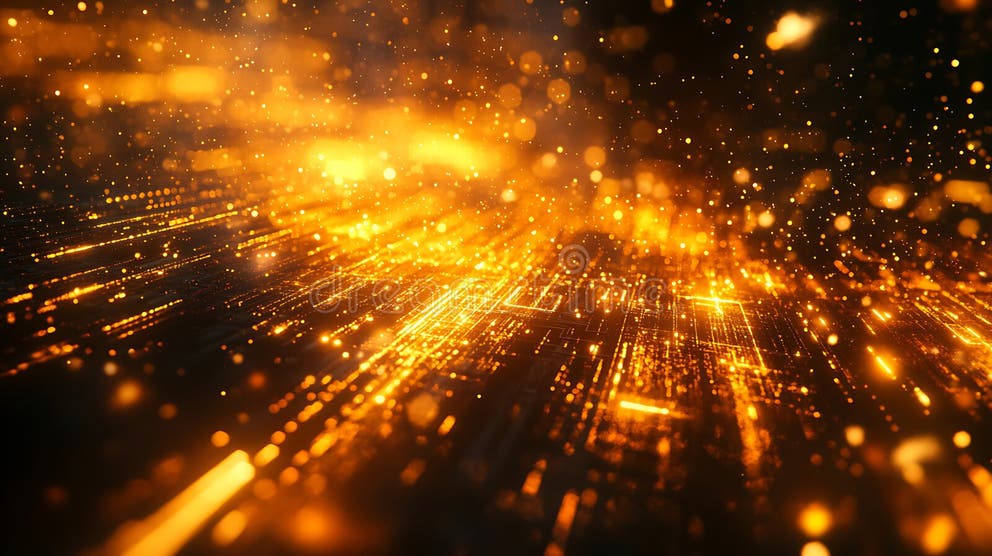 Golden Digital Network Grid Background with Glowing Particles for Futuristic High Tech Designs ...