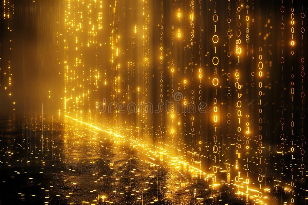 A Golden Digital Rain of Numbers Falling on a Black Background, with ...