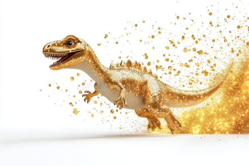Golden Dinosaur Bursting with Glittering Gold Dust while Running Across ...
