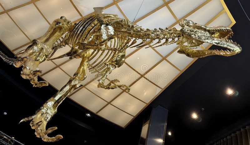 Golden Dinosaur Skeleton Hanging from a Modern Ceiling Stock ...