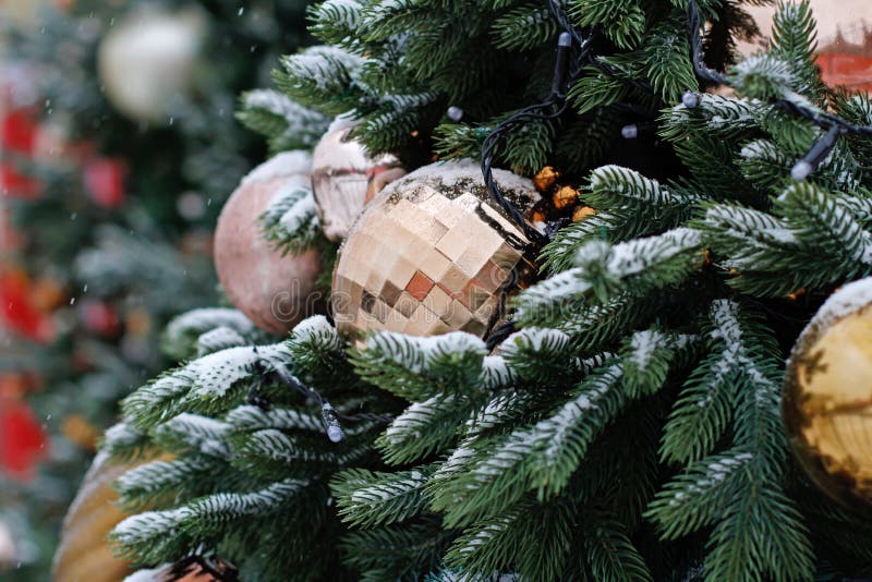 Golden Disco Ball on the Christmas Tree Stock Photo - Image of ...