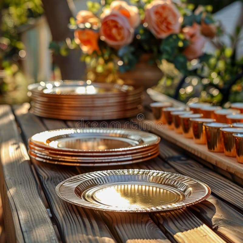 Golden Disposable Plates on a Festive Table. Generative Ai Stock ...