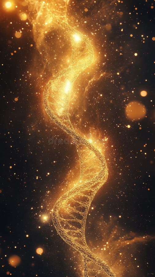 Golden DNA Structure Glowing with Particles in Dark Background Stock ...