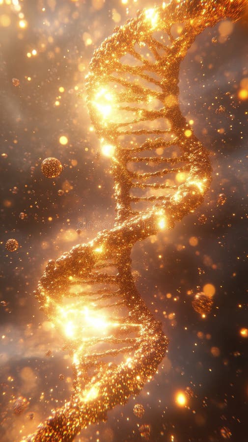 Golden DNA Structure Glowing with Particles in Dark Background Stock ...