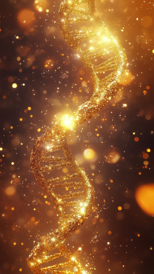 Golden DNA Structure Glowing with Particles in Dark Background Stock ...