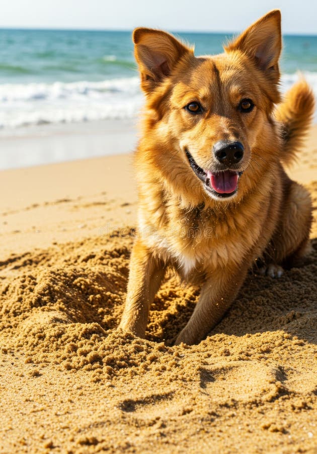 Golden Dog Digging in Sand on Sunny Beach Stock Image - Image of sand ...